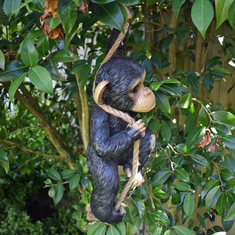 Climbing Monkey Sculpture Rope Hanging Playing Baby Chimpanzee Garden ...