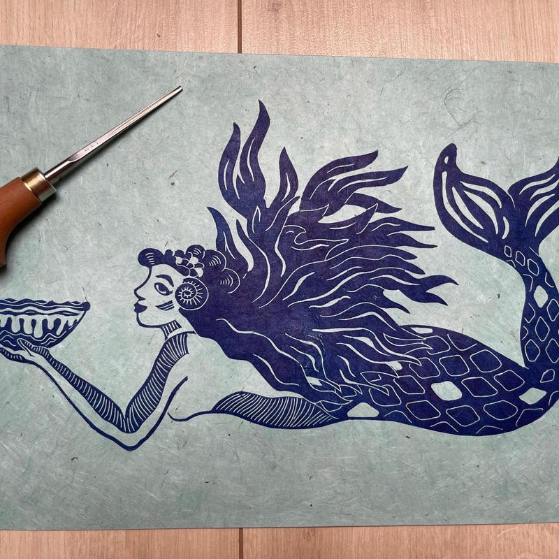 Mermaid Linocut - Etsy