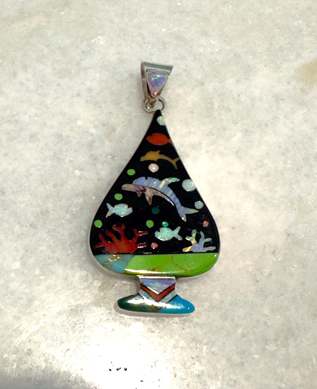 Native Zuni Pendant Ocean Sea Life for Beach Lover Inlay Black Onyx ...