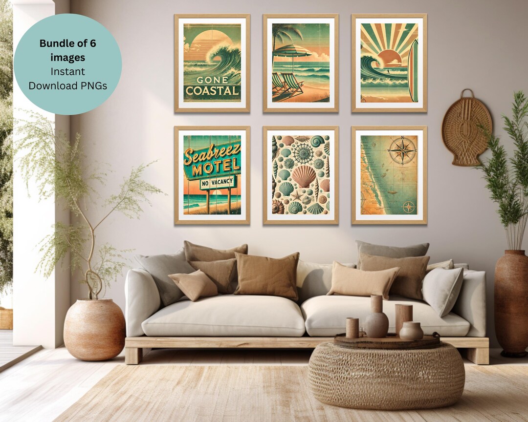 Retro Beach Art Bundle 6 PNG Digital Prints for Home Decor Vintage ...