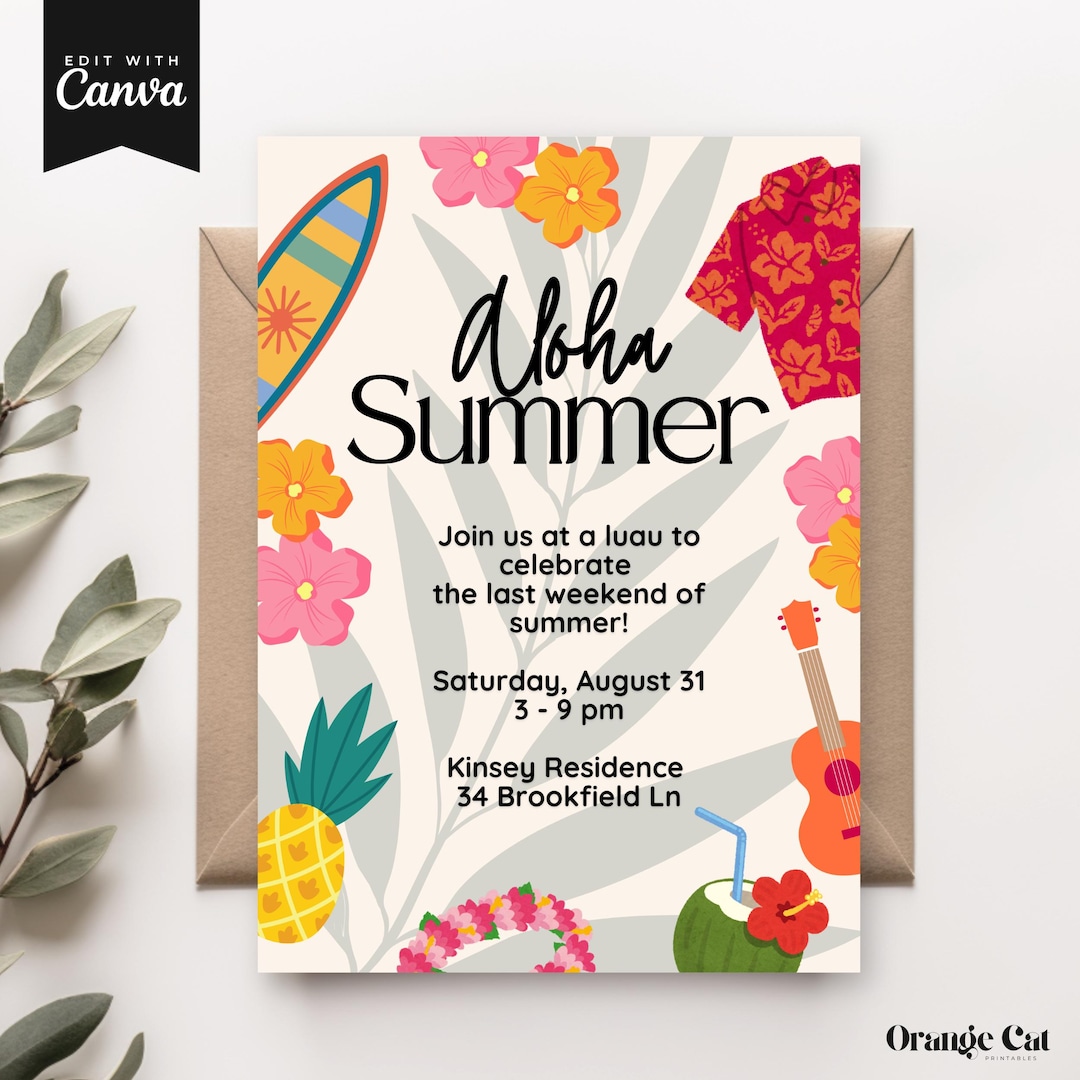 Aloha Luau Summer Back to School Party Invite Pool Party End of Summer ...