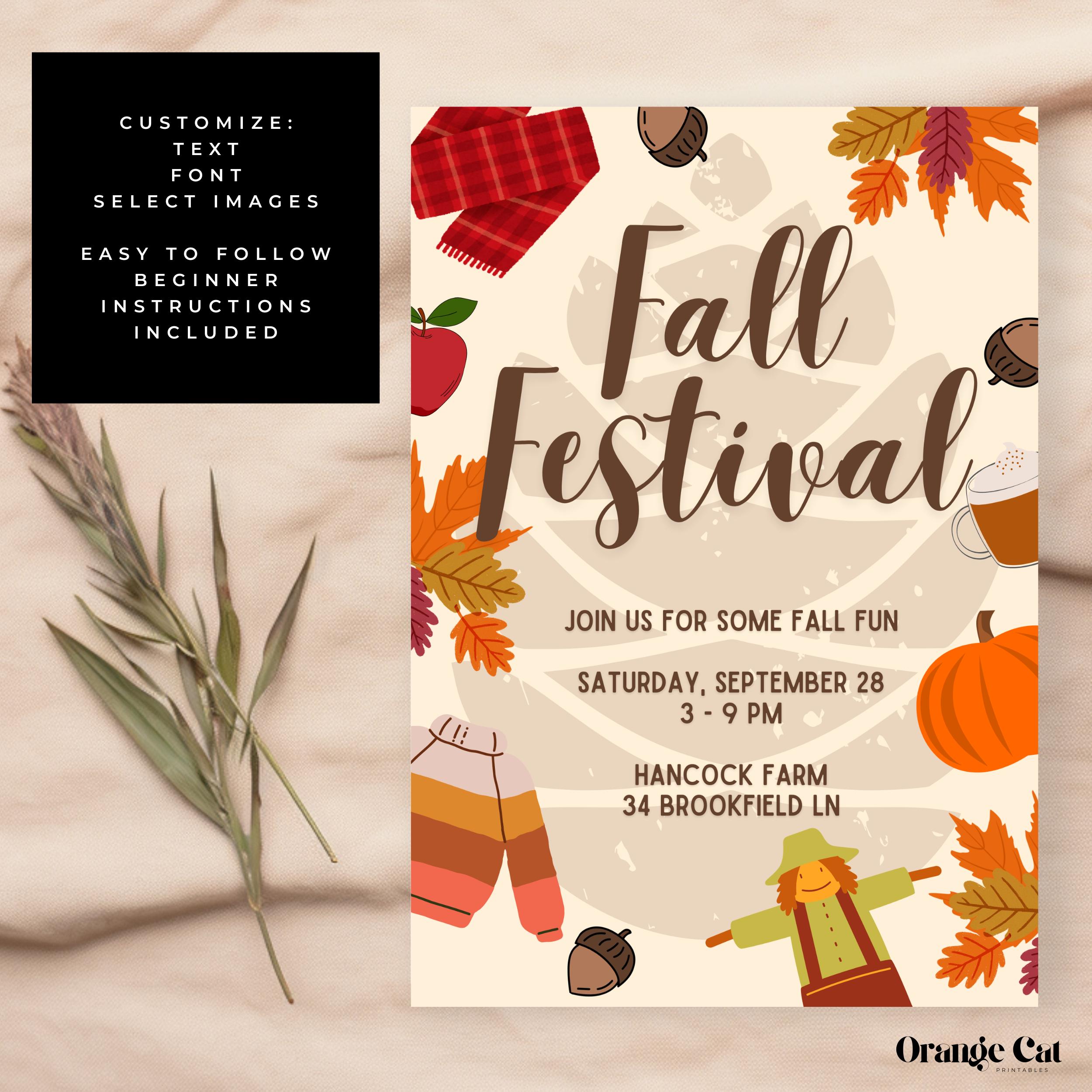 Fall Festival Party Invitation, Autumn Leaves Invite (canva Template ...