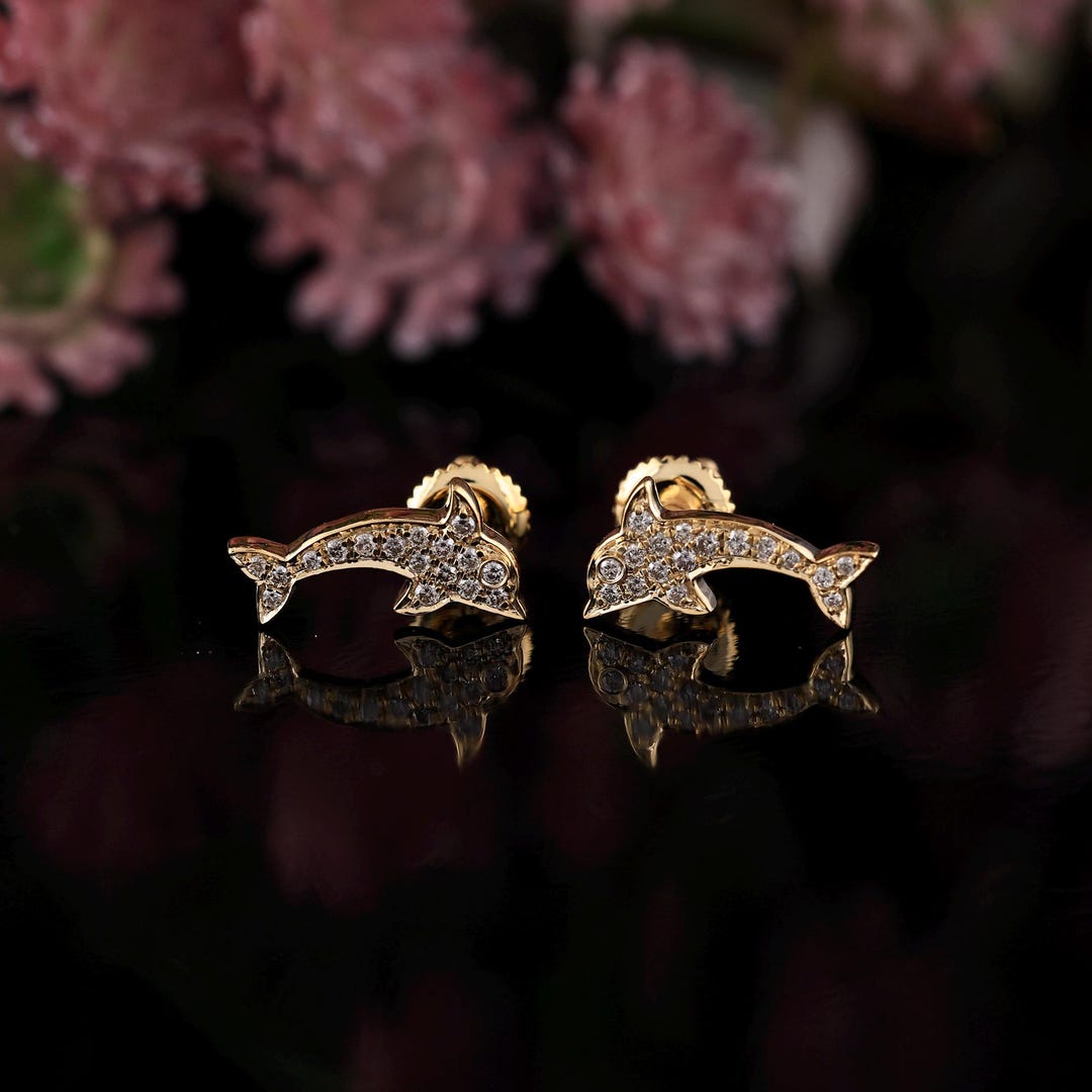 0.10 Carat Round Diamond Dolphin Earring | 10K Yellow Gold Dolphin ...