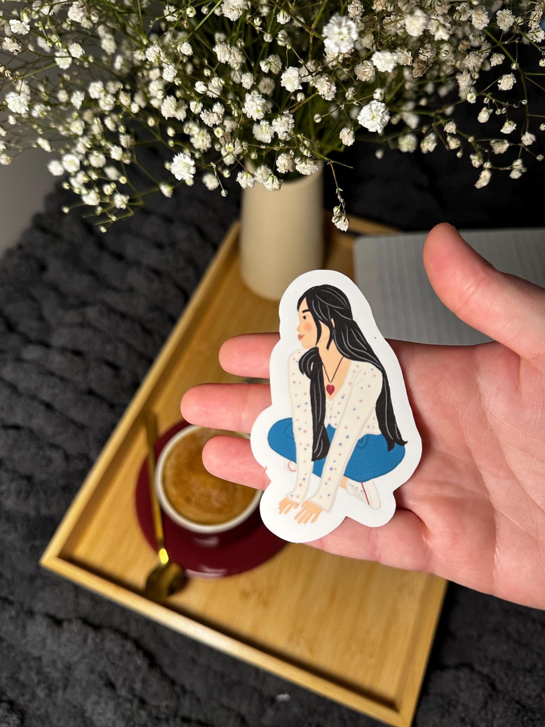 Sitting Girl Sticker - Minimalist Female Portrait Sticker, Cozy ...