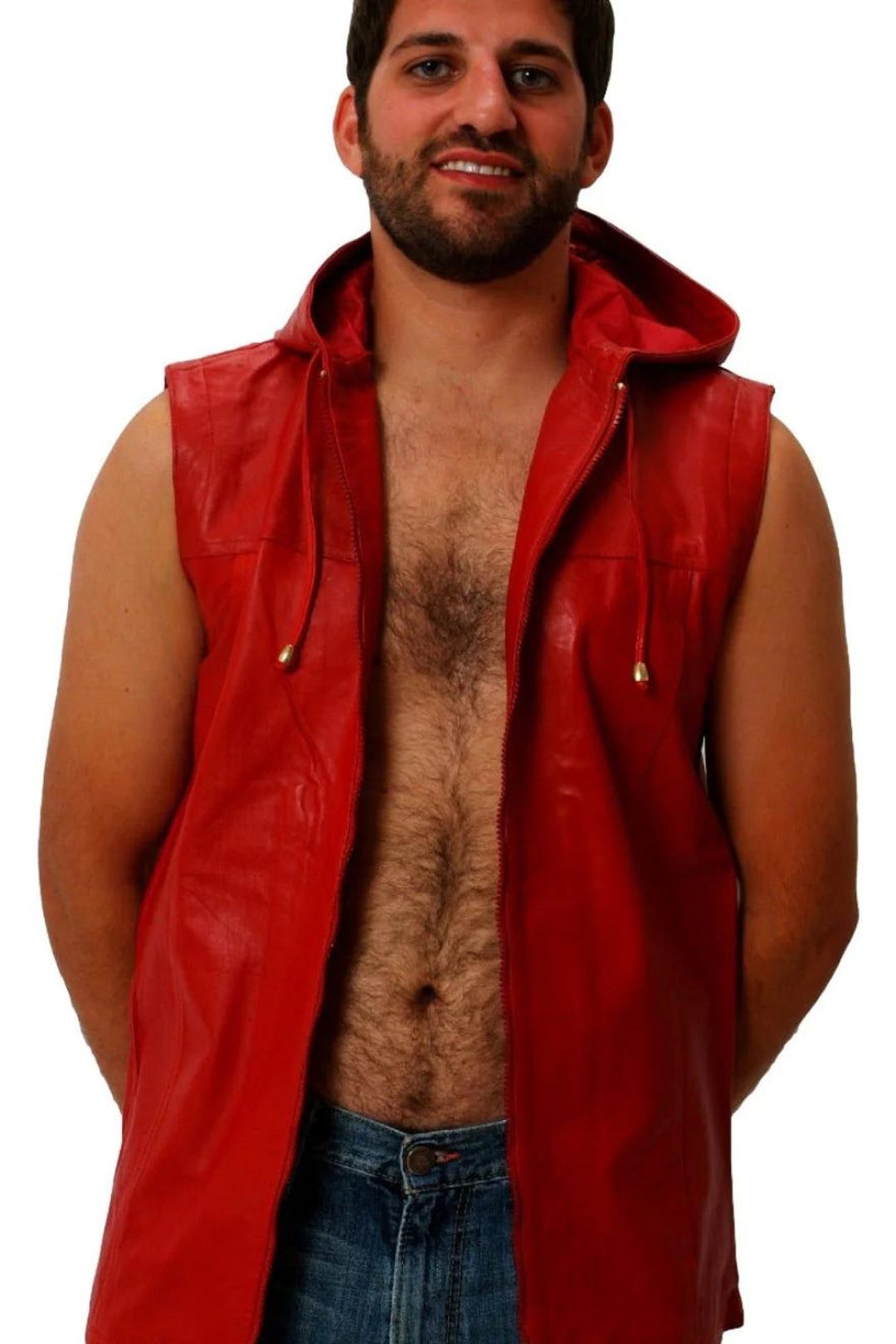 Men's Red Leather Vest | Handmade Genuine Leather Hooded Vest | Luxury ...