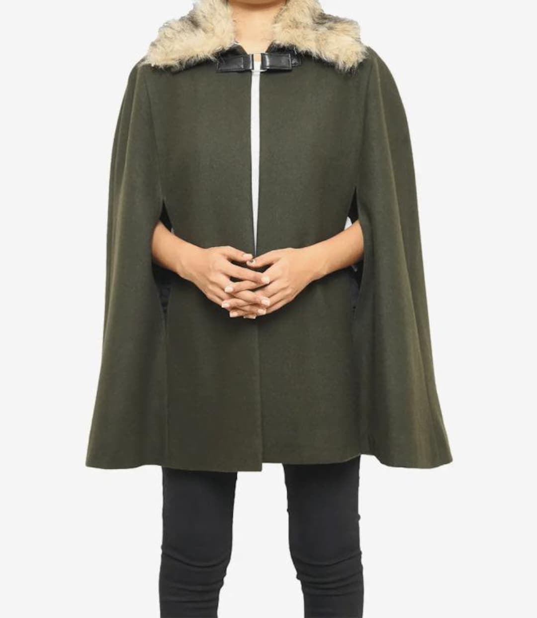 Womens Fur Collar Wool Cape Coat, Handmade Olive Green Cape Coat ...
