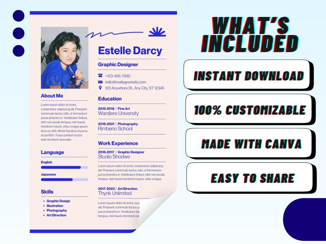 Electric Blue Artistic Resume Template - Etsy