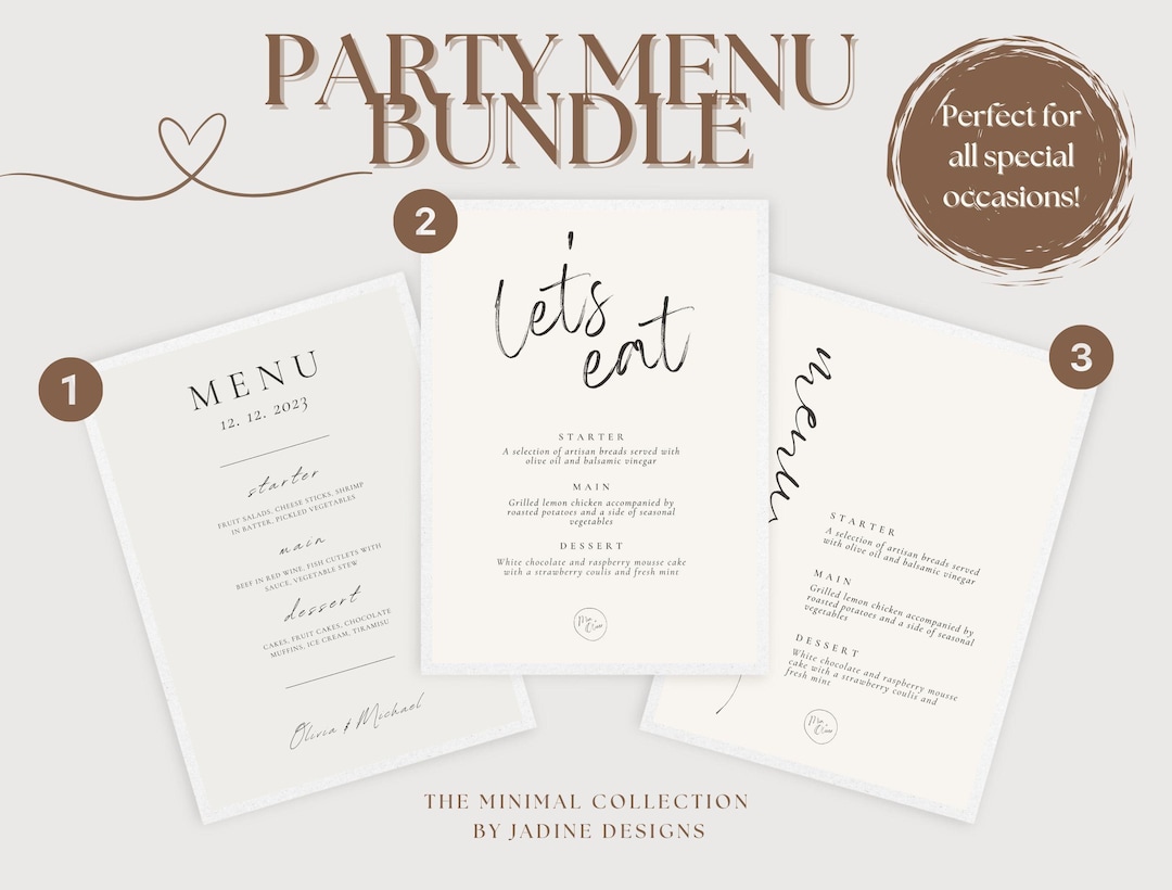 The Minimal Party Menu Bundle - Perfect for Weddings, Dinner Parties ...