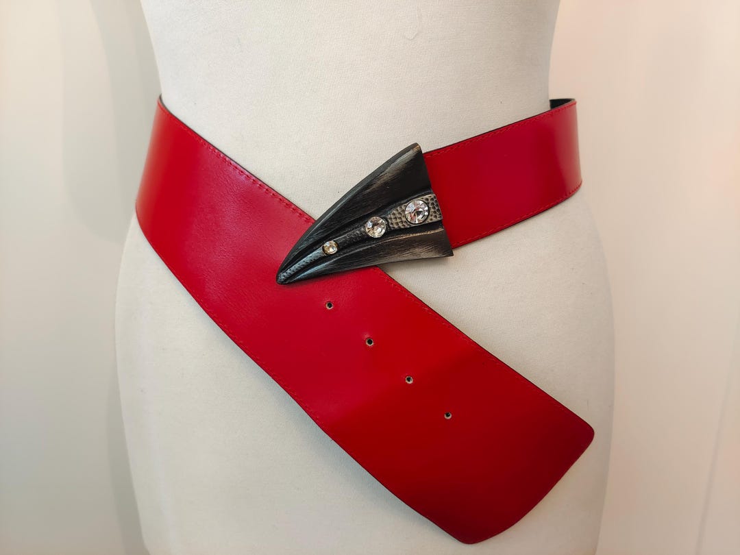 Wide Red Real Leather Vintage 80's Belt With Heavy Metal Gems Buckle - Etsy