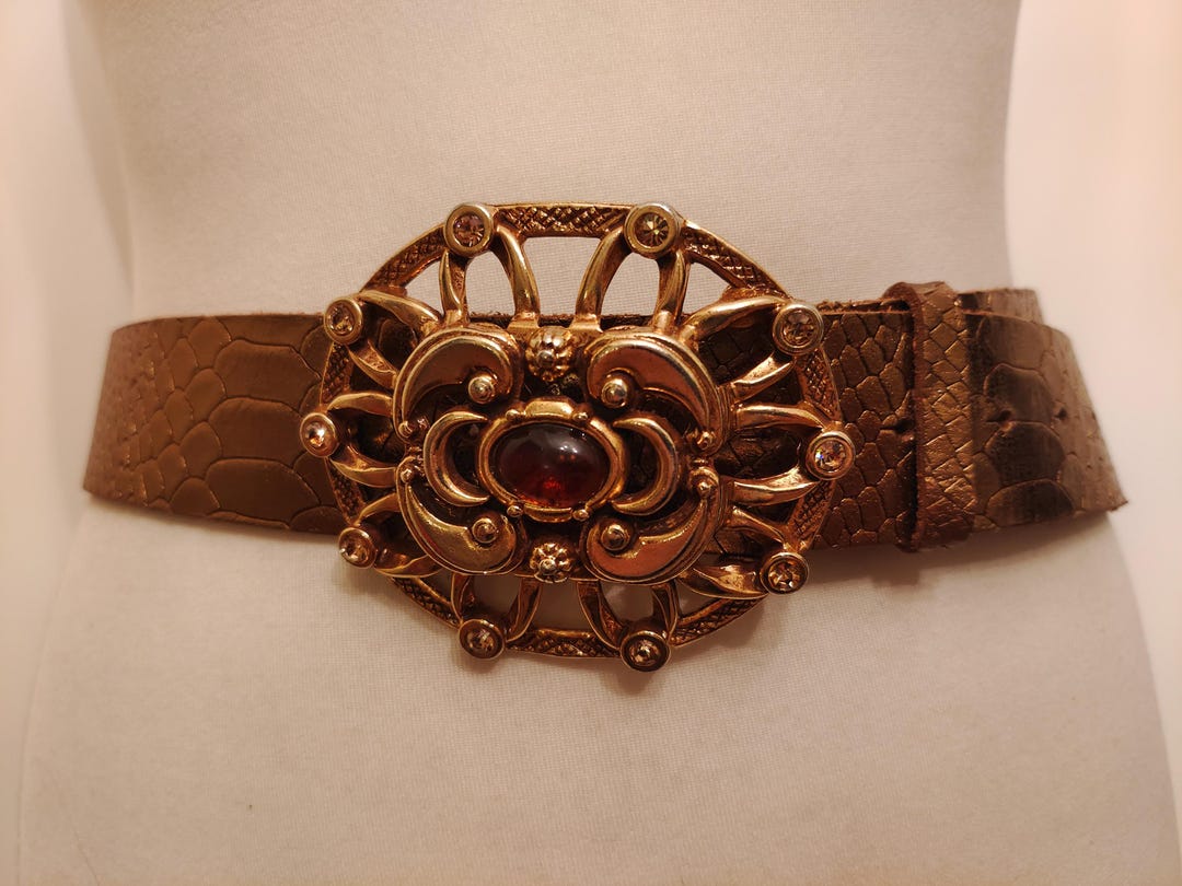 Gold Real Leather Belt With Huge Metal Gems Buckle by per Una Made in ...