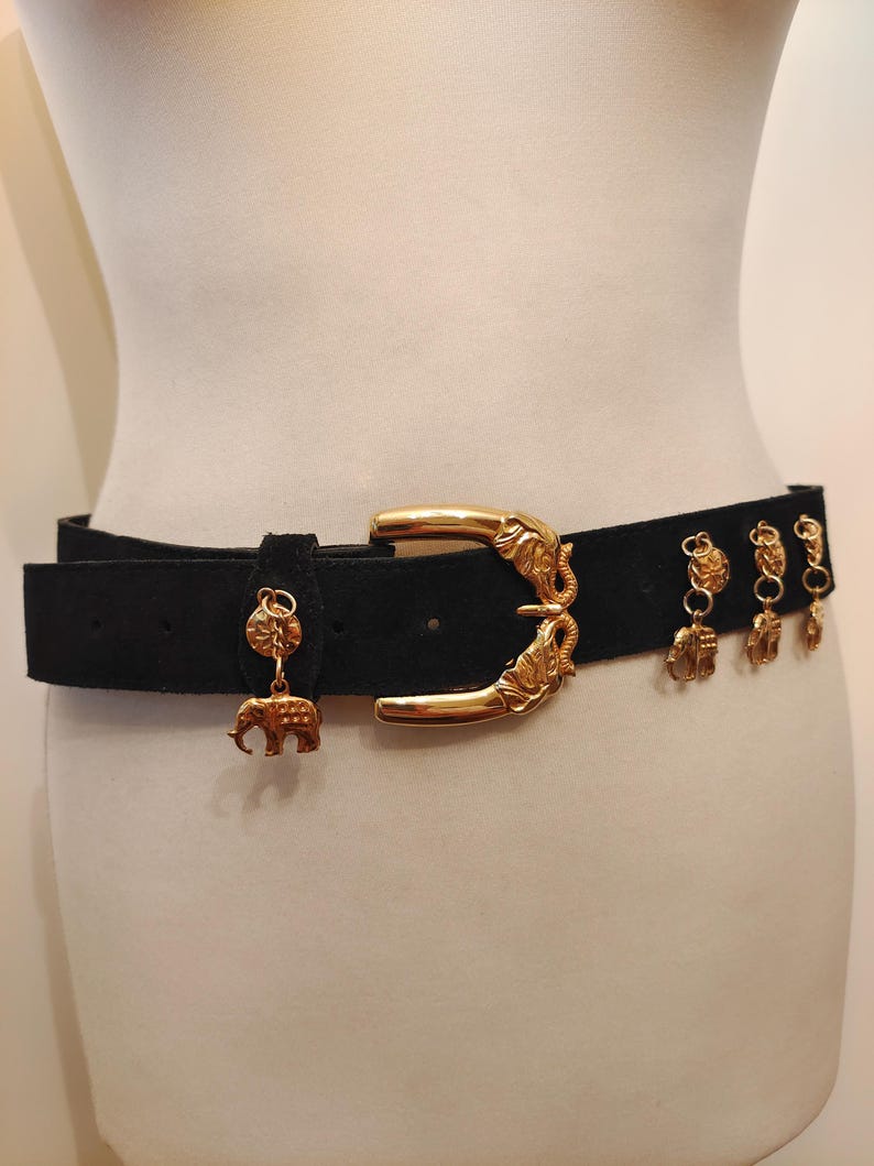 80's Vintage Black Suede Leather Belt With Golden Metal Elephants - Etsy