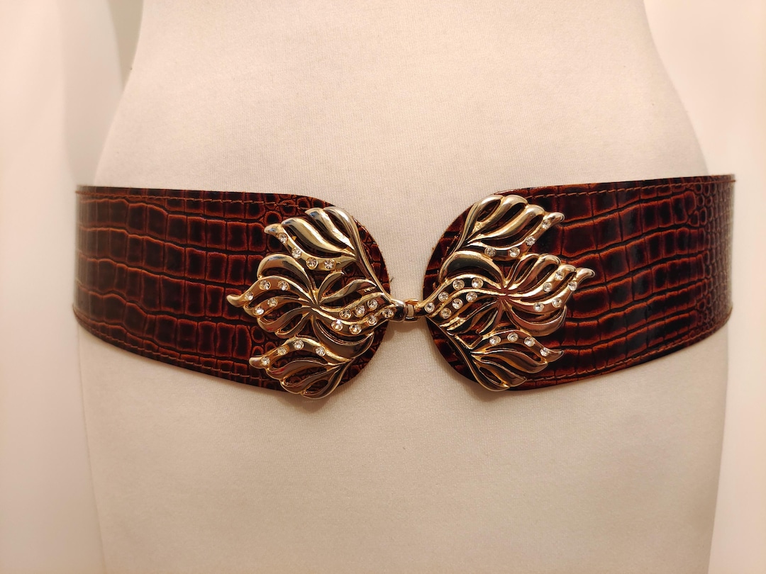 Wide Brown Real Leather 80's Vintage Belt With Golden Gems Buckle Made ...