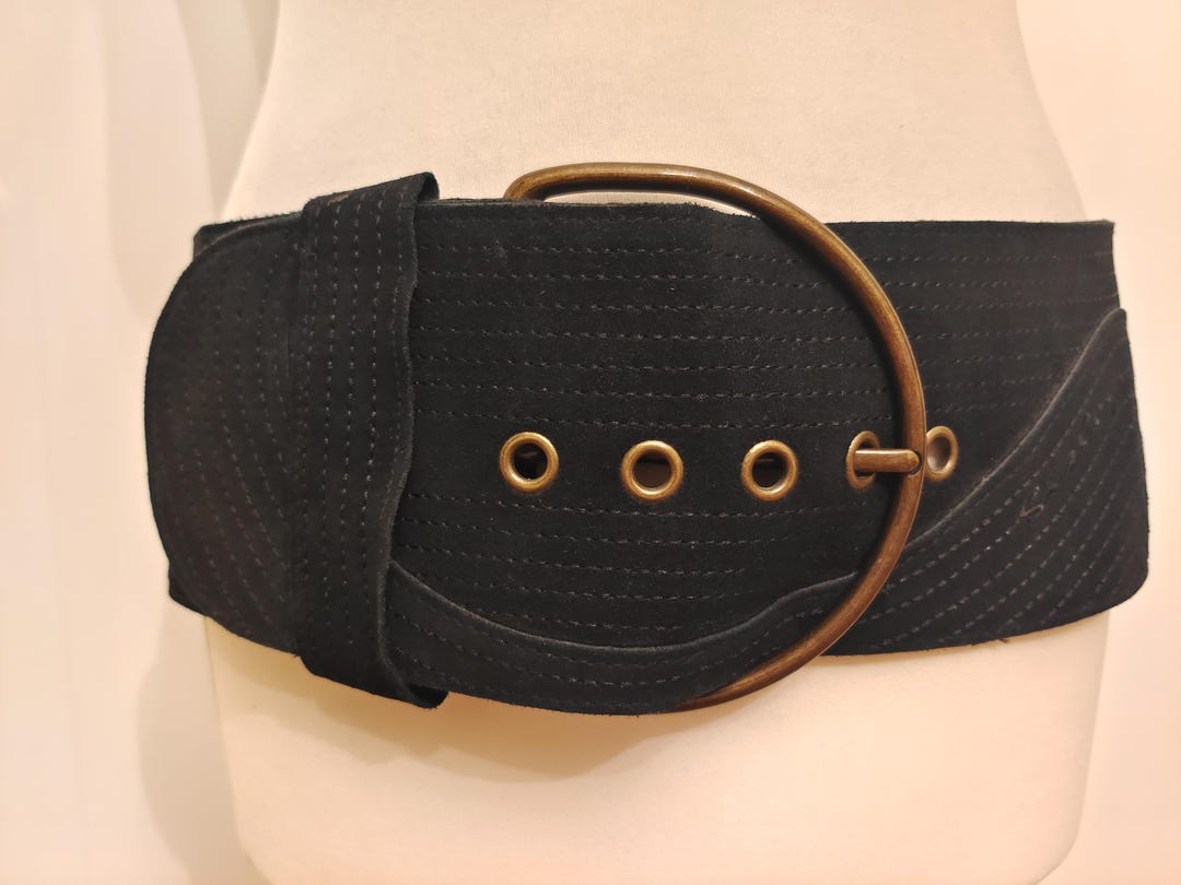 Extra Wide Black Leather & Cotton Belt With Huge Buckle by Sisley - Etsy