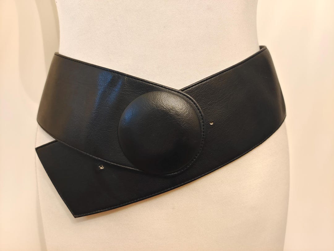 80's Vintage Wide Black Faux Leather Belt - Etsy