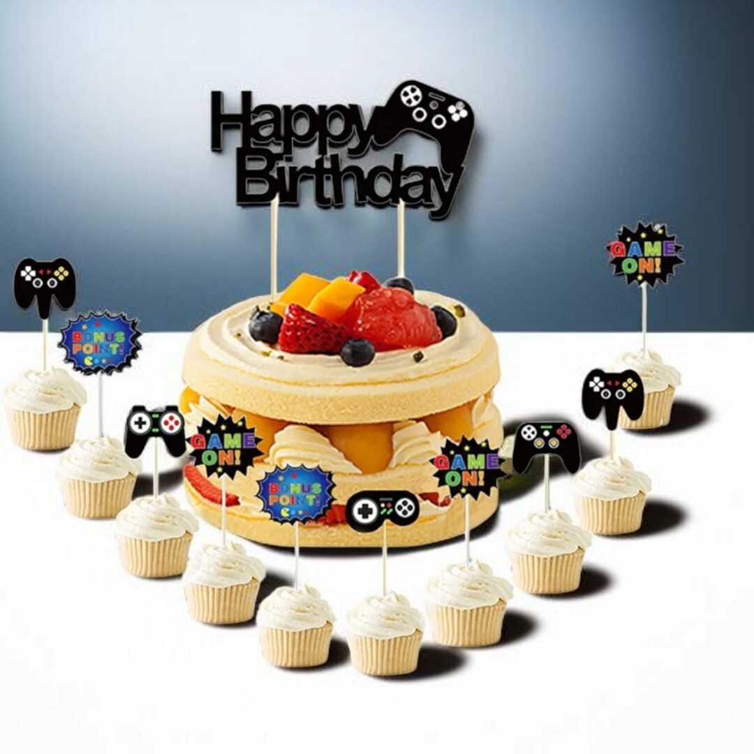 Video Game Cake Topper Set – 11 PCS Double-sided Glitter Decorations ...