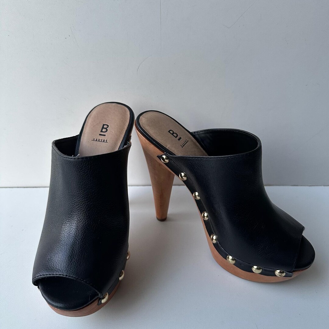 Bakers Black Leather Platform Clog Mules Studded Wood High Heel Peep ...