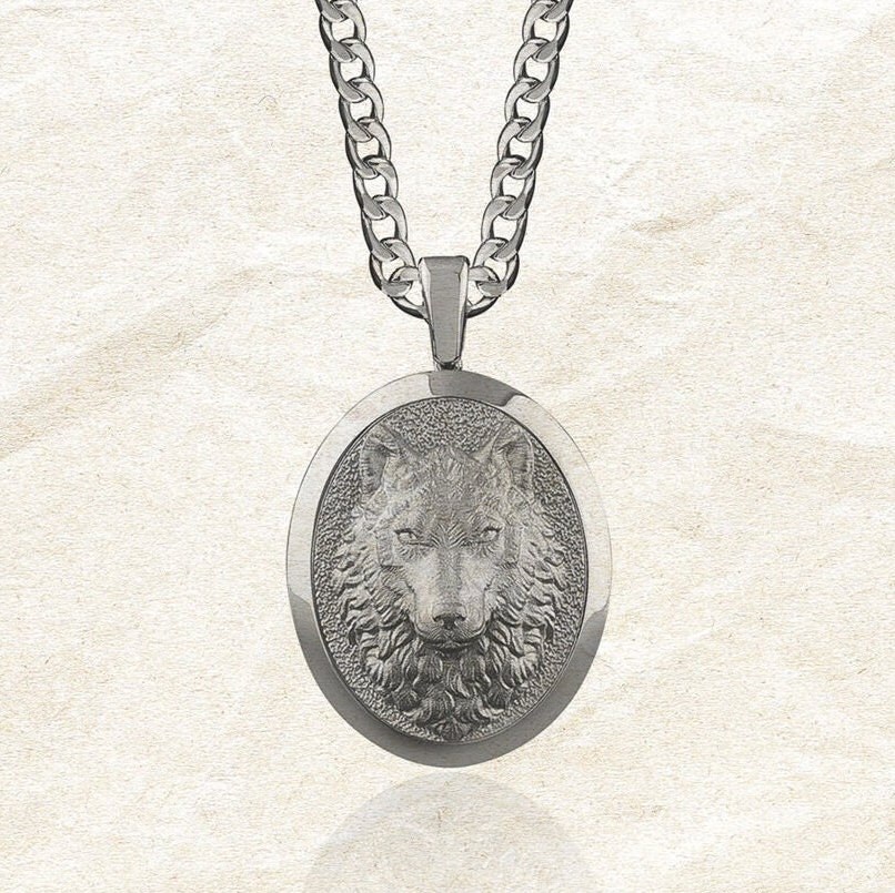Personalized Gold Plated Mens Wolf Necklace Gold Oval Wolf - Etsy