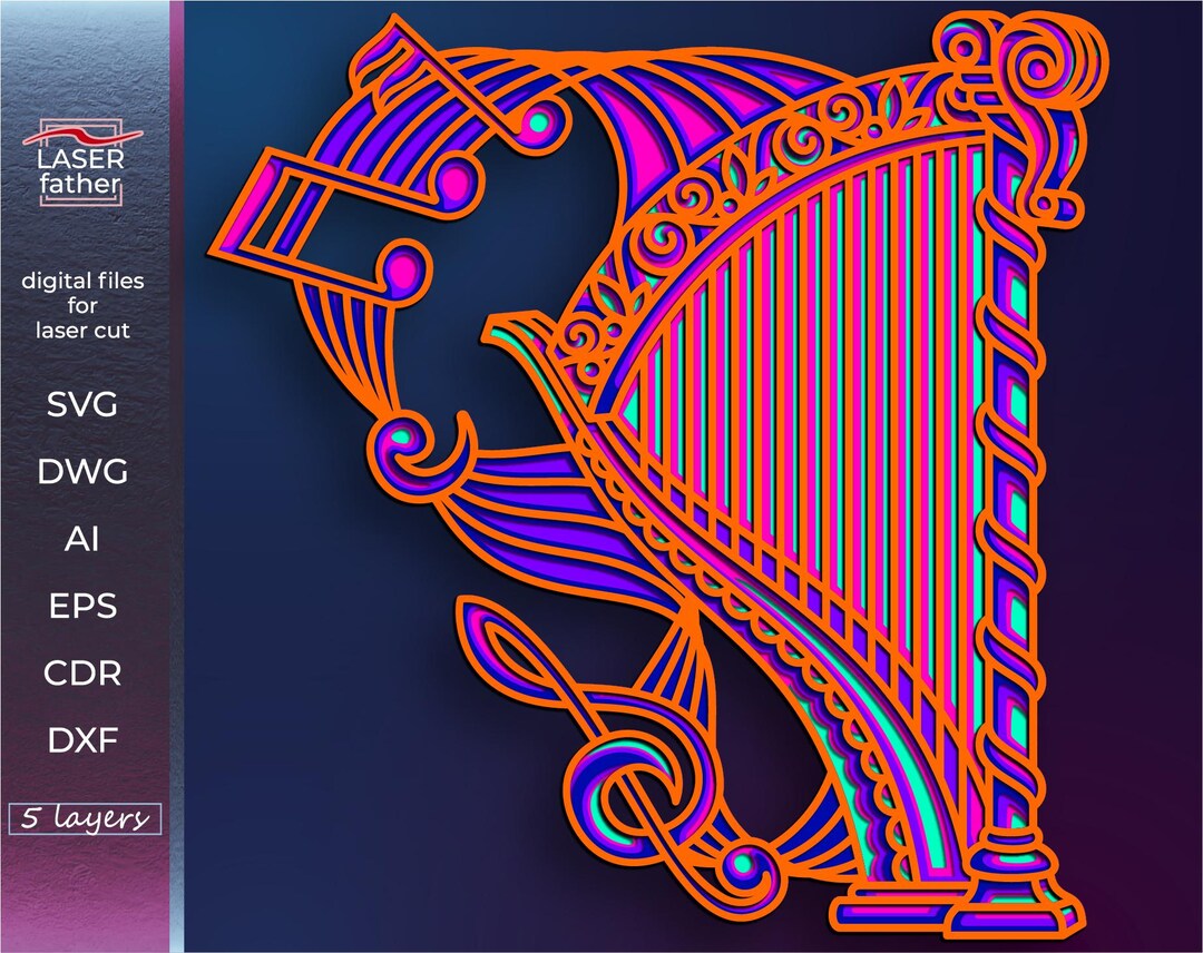 Harp SVG, 3D Layered, Music Laser Cut, Paper Cutting Art, Template for ...