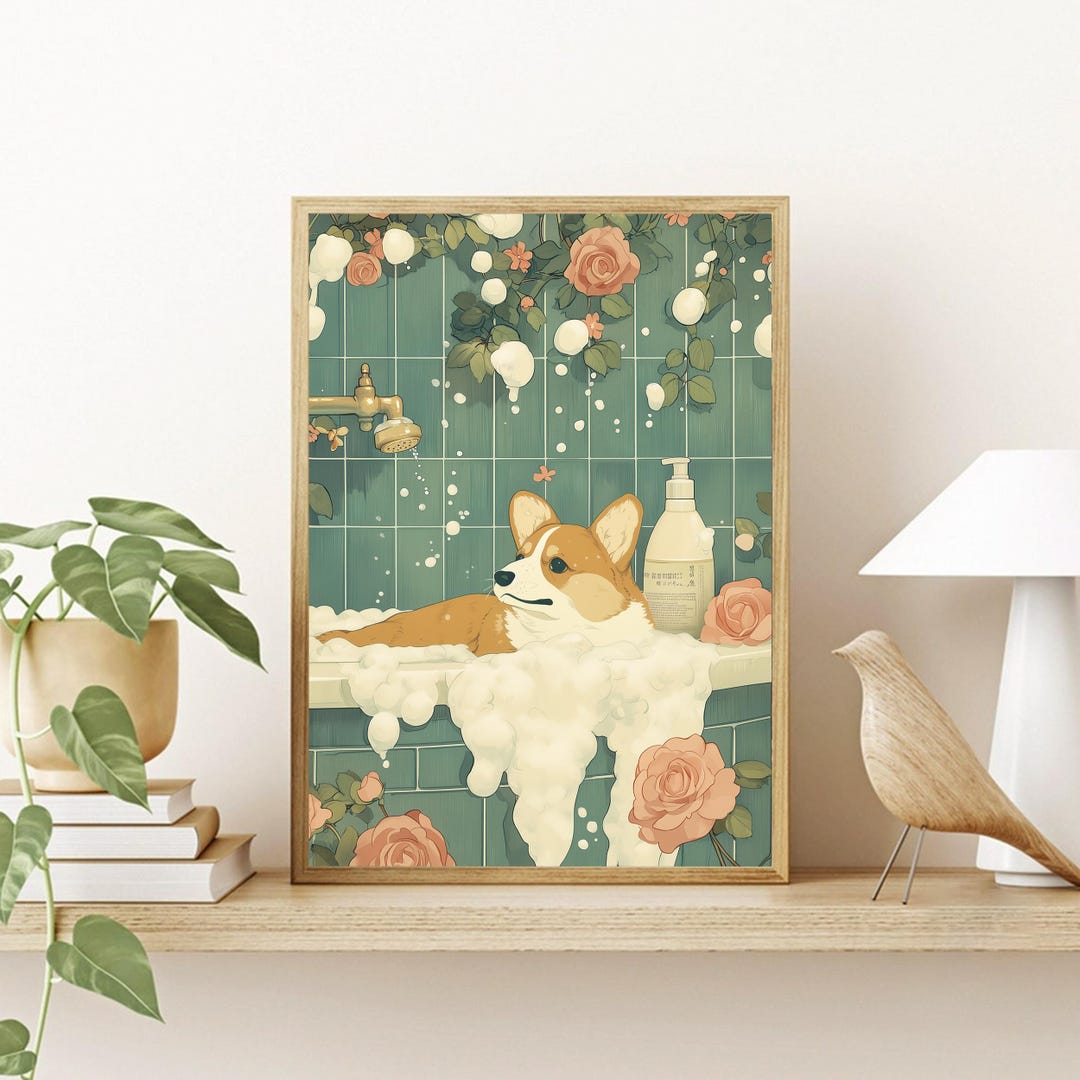 Corgi Dog in Bathtub Digital Printable Wall Art, Japanese Bathroom ...