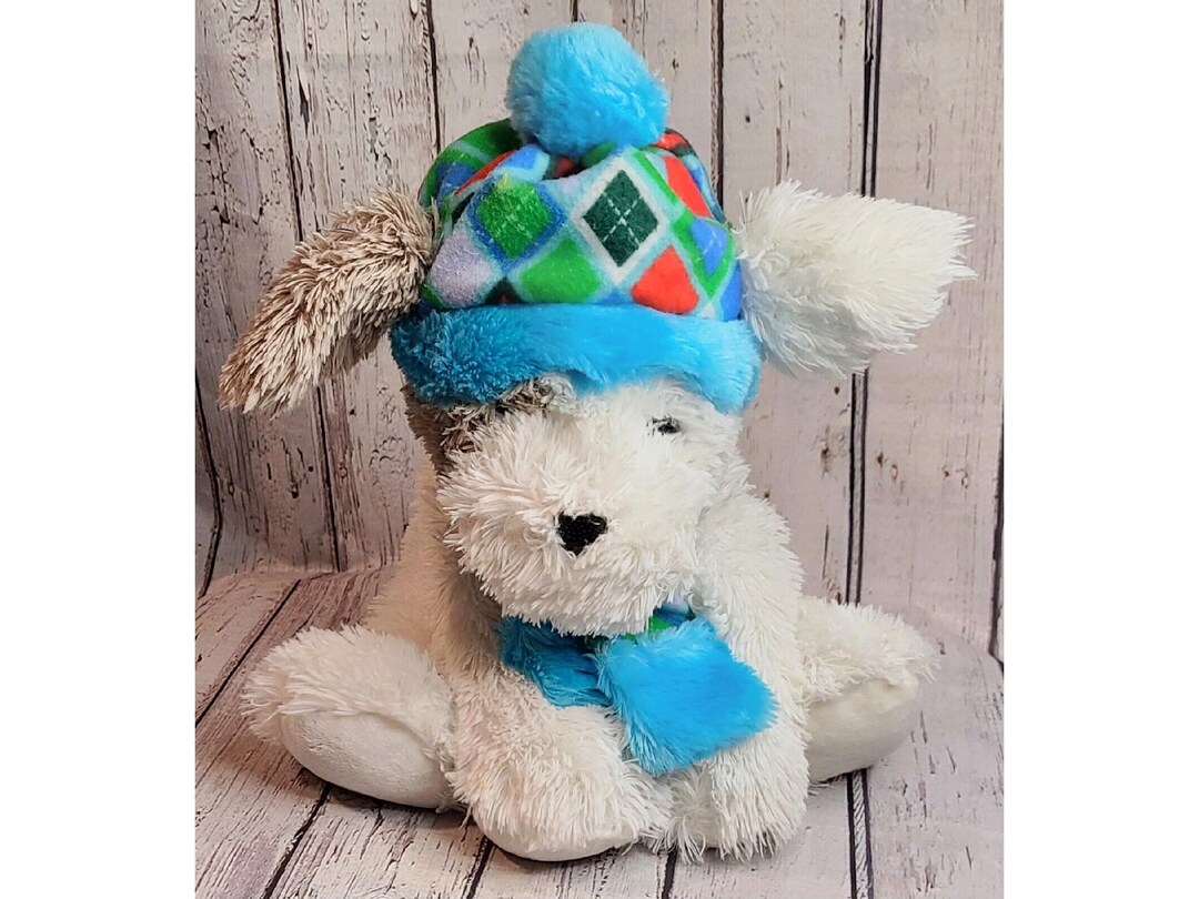 14 Hugfun White & Grey Puppy Dog Plush, Blue Green Hat Scarf Stuffed ...