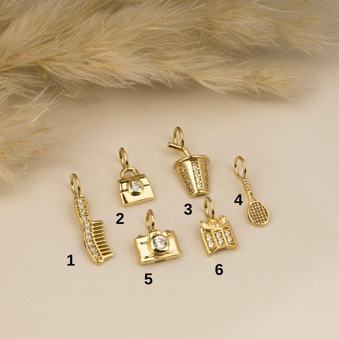 14K Solid Gold Tiny Charms: Comb, Bag, Drink, Camera, Fries, Racket - Etsy