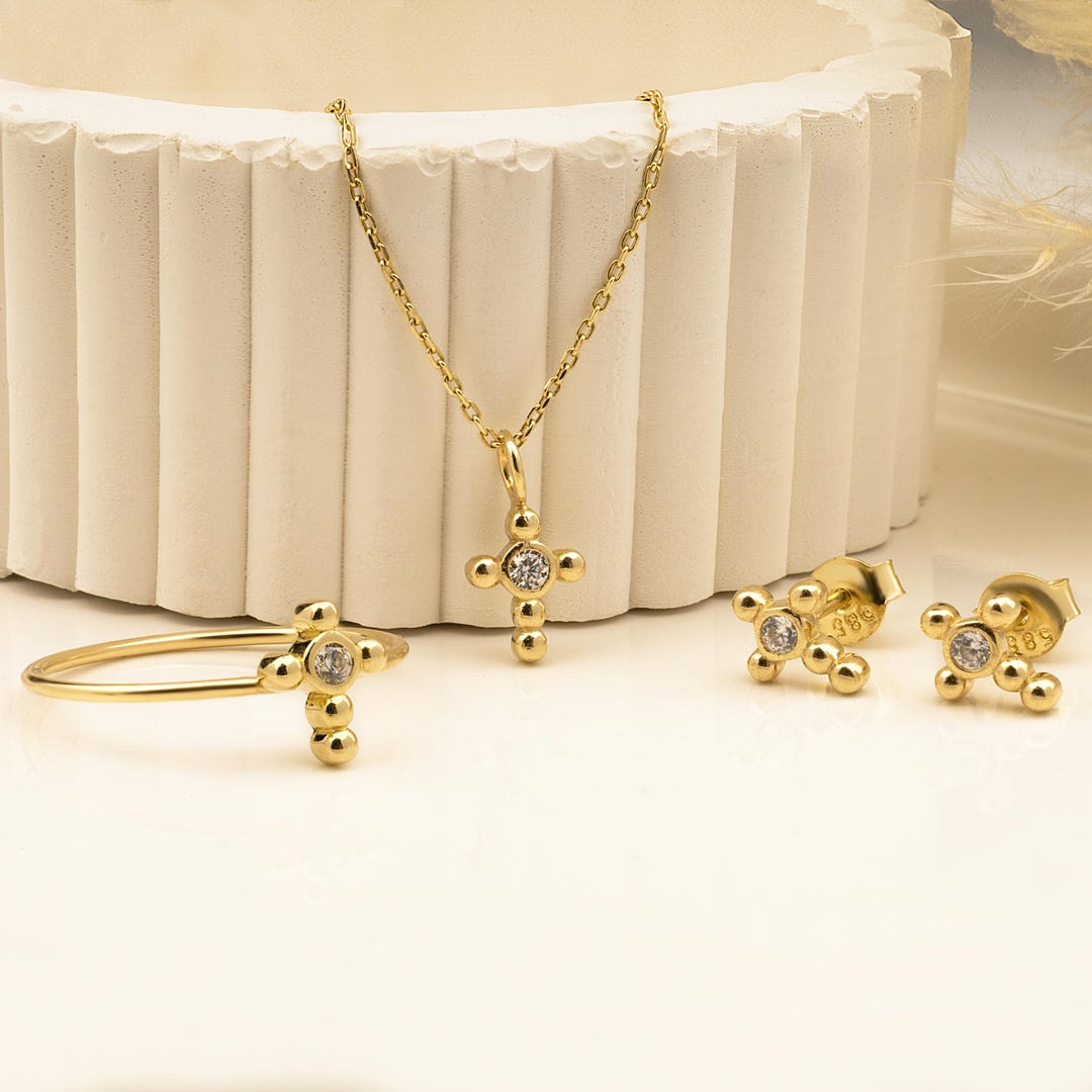 14K Solid Gold Cross Jewelry Set: Necklace, Ring & Earrings - Etsy