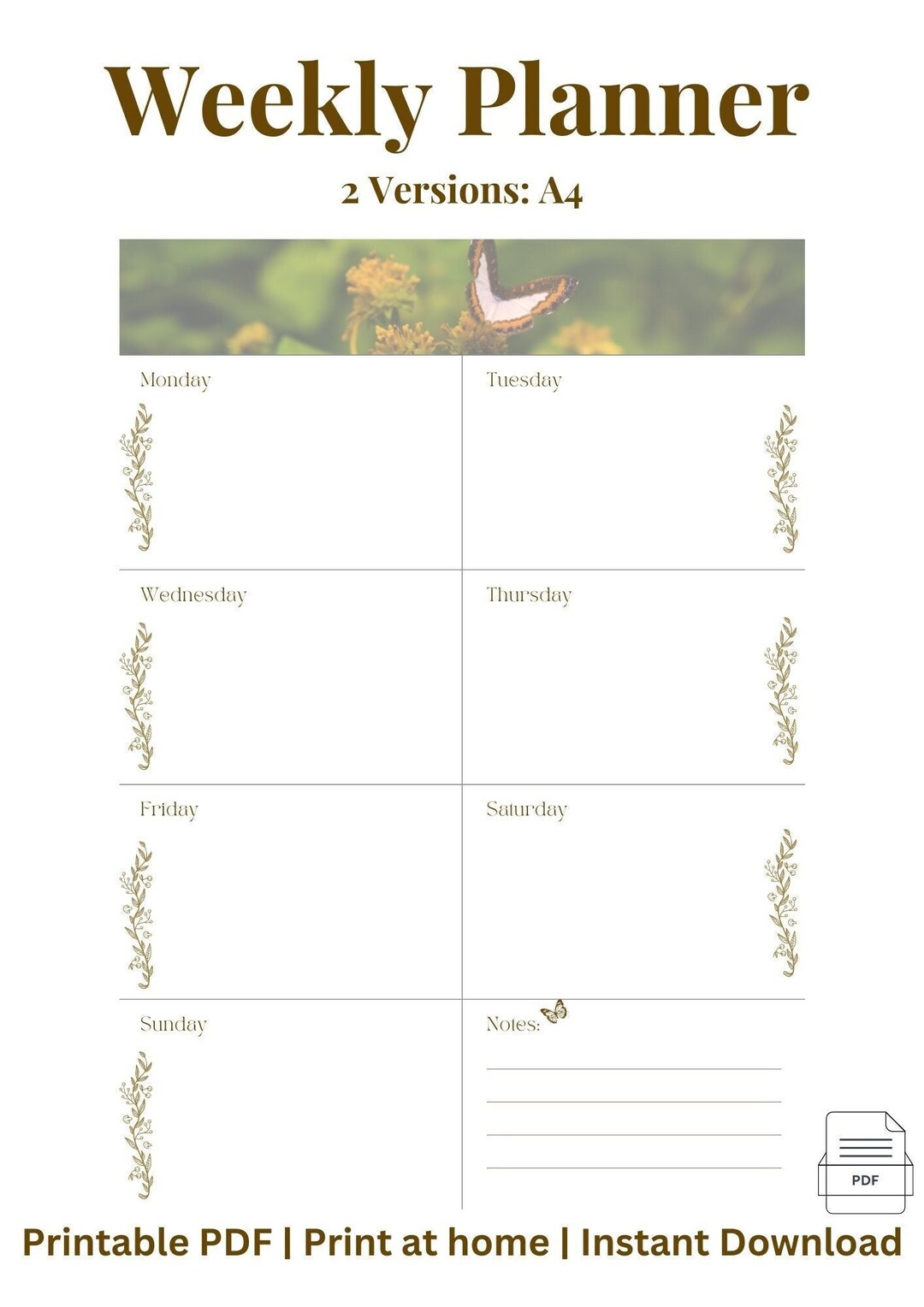 Weekly Planner Printable A4 Butterfly Themed Planner for Weekly ...