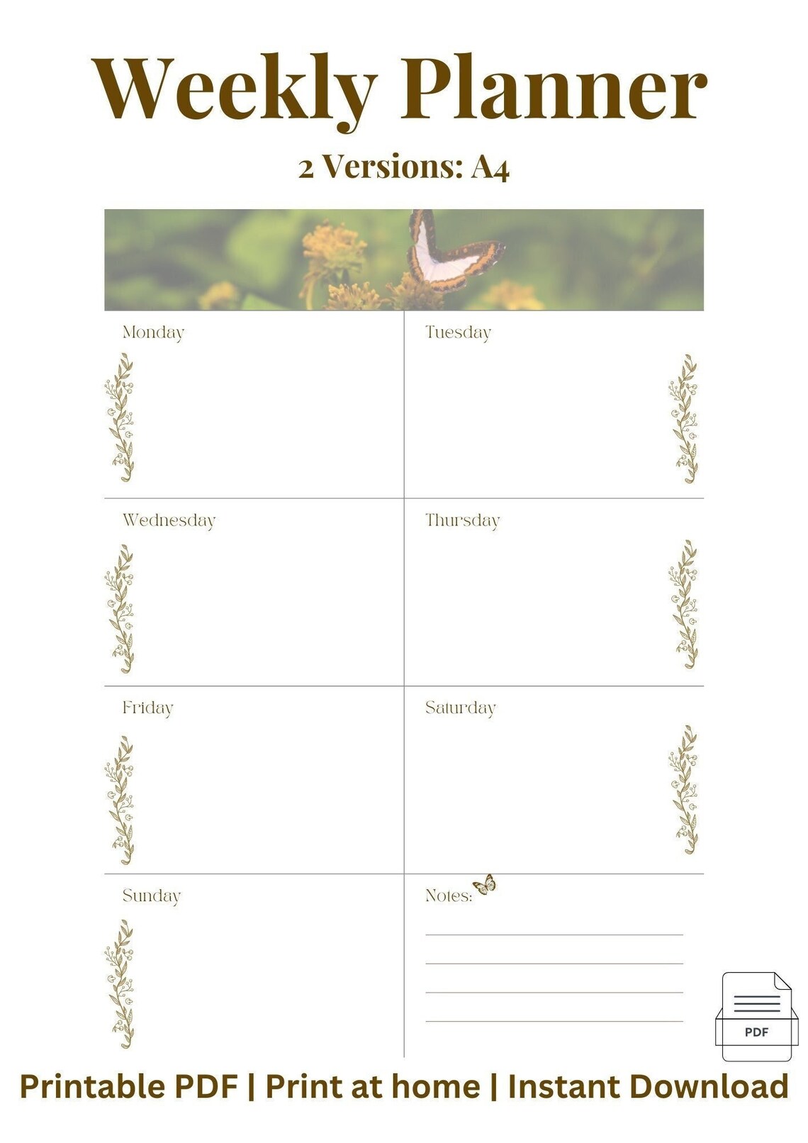 Weekly Planner Printable A4 Butterfly Themed Planner for Weekly ...