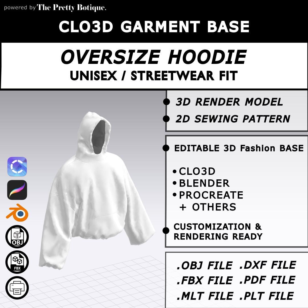 Oversized Hoodie CLO3D Pattern | Streetwear Double-layer Fit | 3D ...