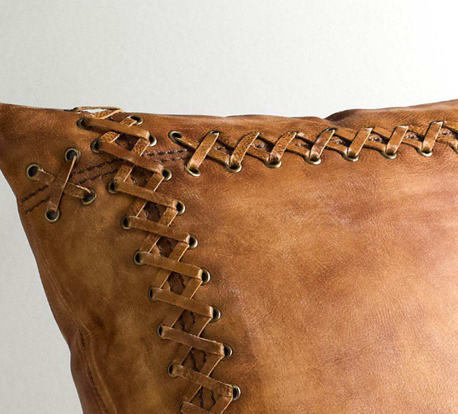 Cognac Square Leather Pillow Cover Decorative Brown Leather Pillow Case ...