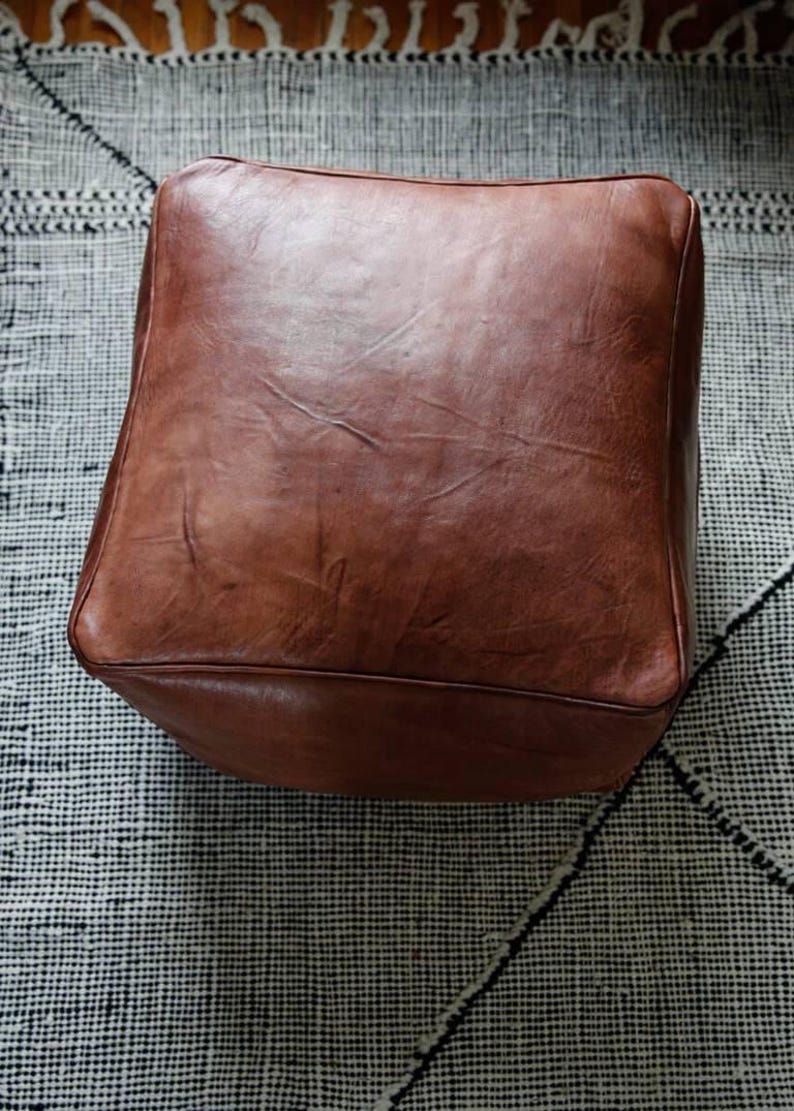 Premium Moroccan Brown Ottoman Pouf, Square Leather Footstool Pouf ...