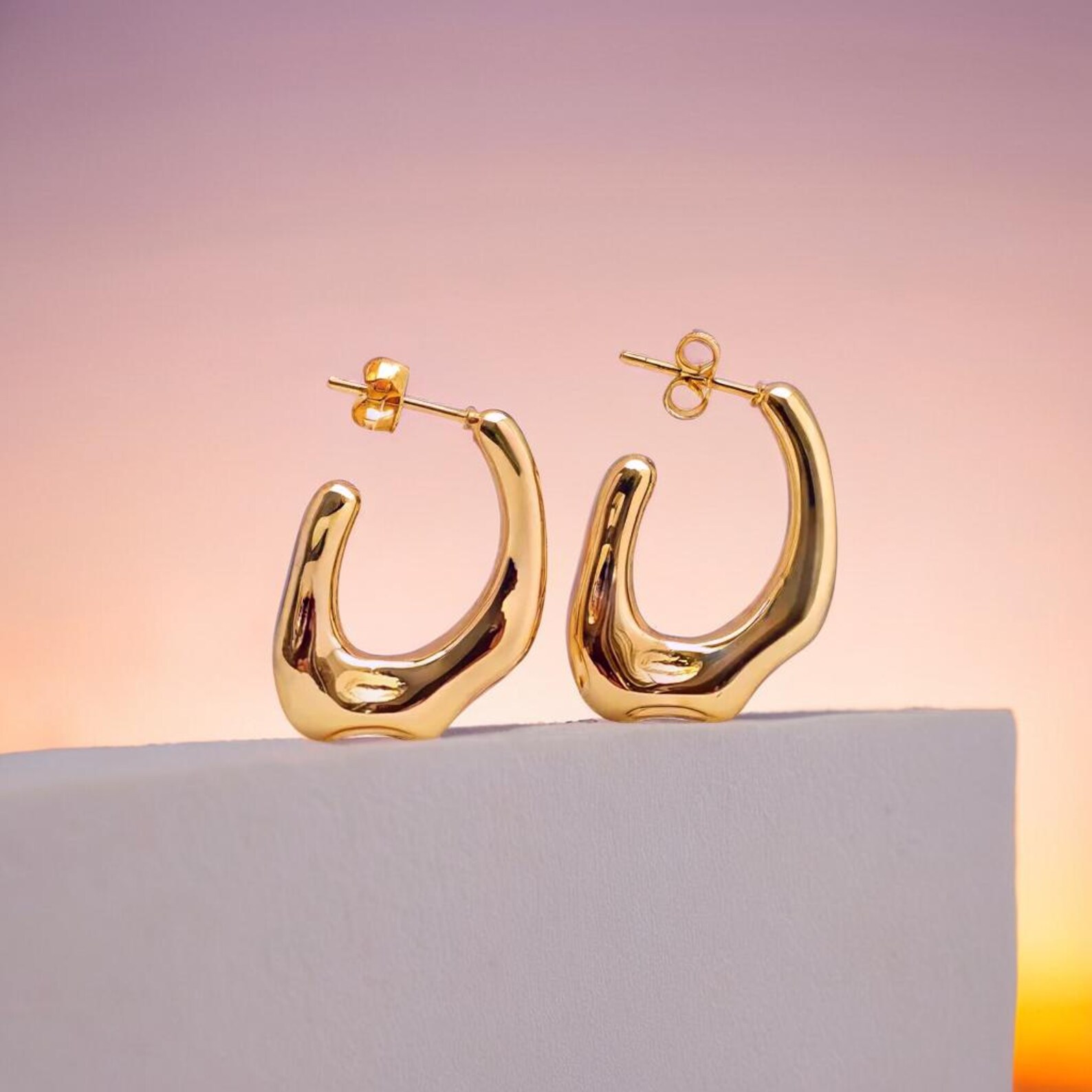 25.2mm Titanium Irregular C Shape Earrings, Gold-plated, Vintage ...