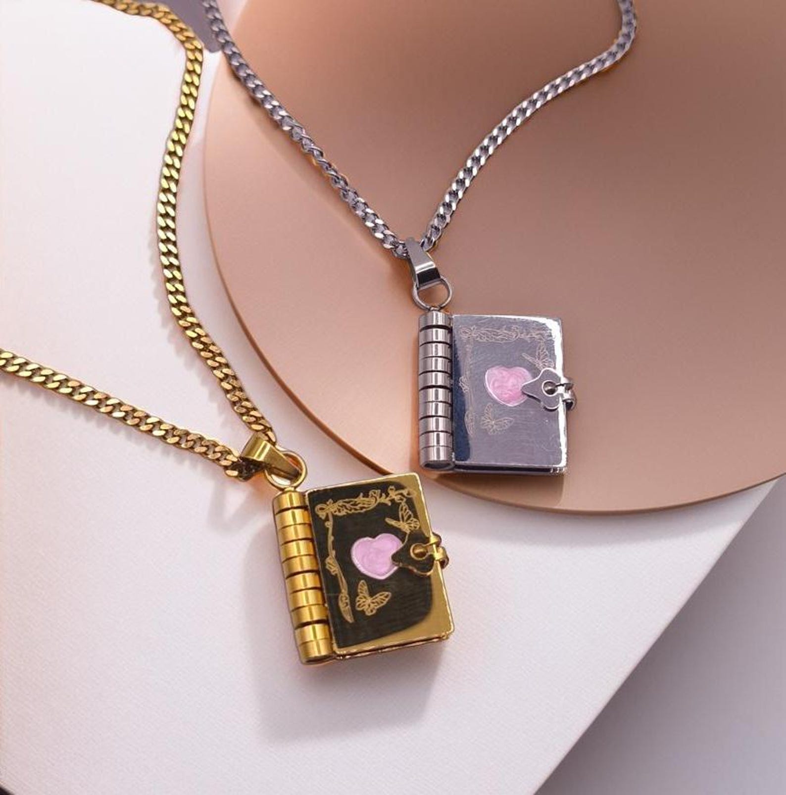 Stunning Gold & Silver Book Locket Necklace With Pink Heart Engraving ...