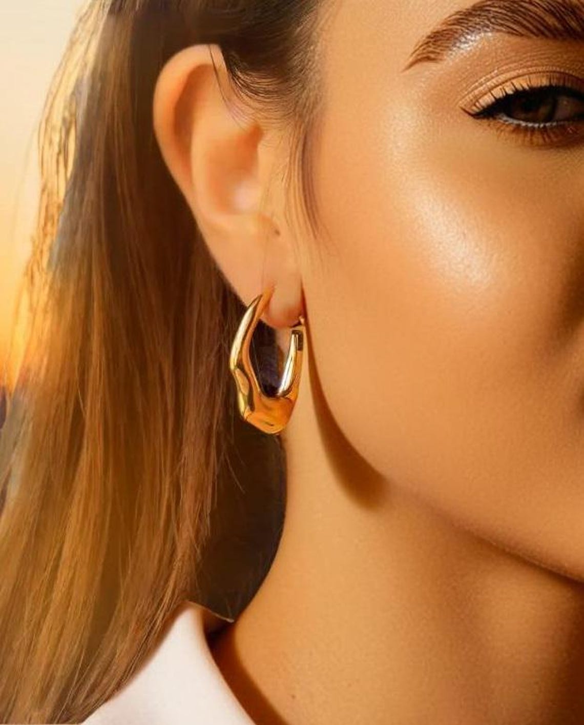 25.2mm Titanium Irregular C Shape Earrings, Gold-plated, Vintage ...