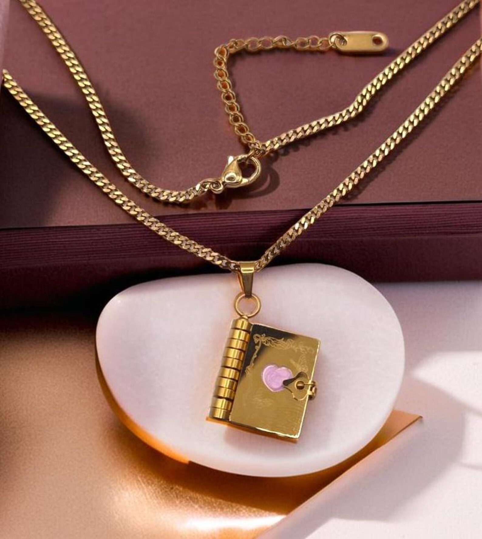 Stunning Gold & Silver Book Locket Necklace With Pink Heart Engraving ...