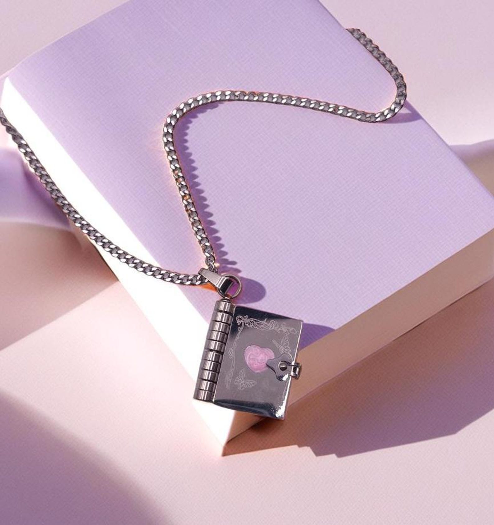 Stunning Gold & Silver Book Locket Necklace With Pink Heart Engraving ...