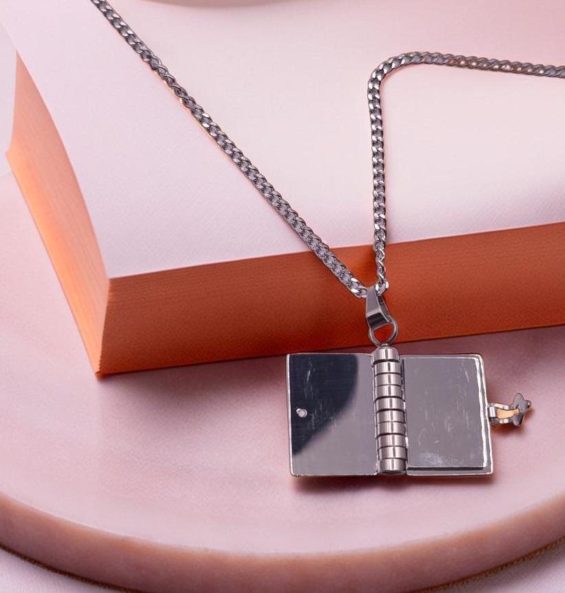 Stunning Gold & Silver Book Locket Necklace With Pink Heart Engraving ...