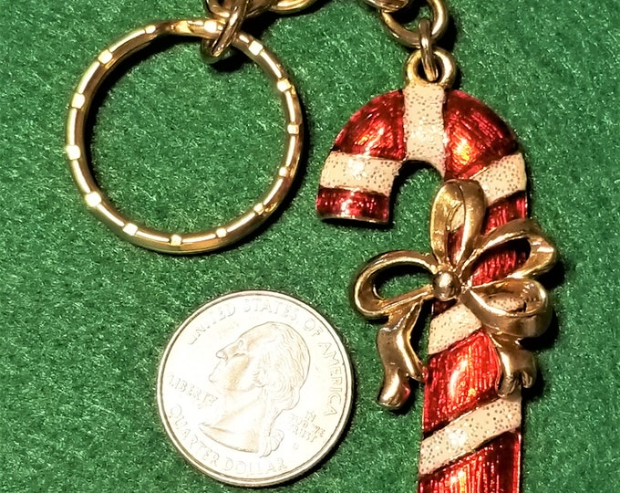 CH-136; A Festive Christmas Key Chain of Enameled Red and White Stripes ...