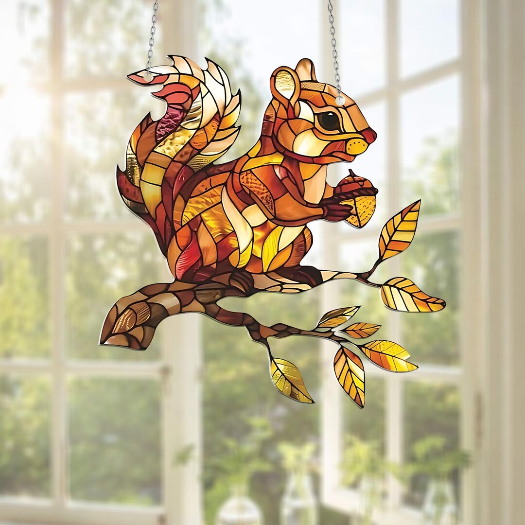 Acrylic Squirrel Window Hanging - Autumn Leaf Sun Catcher for Home ...