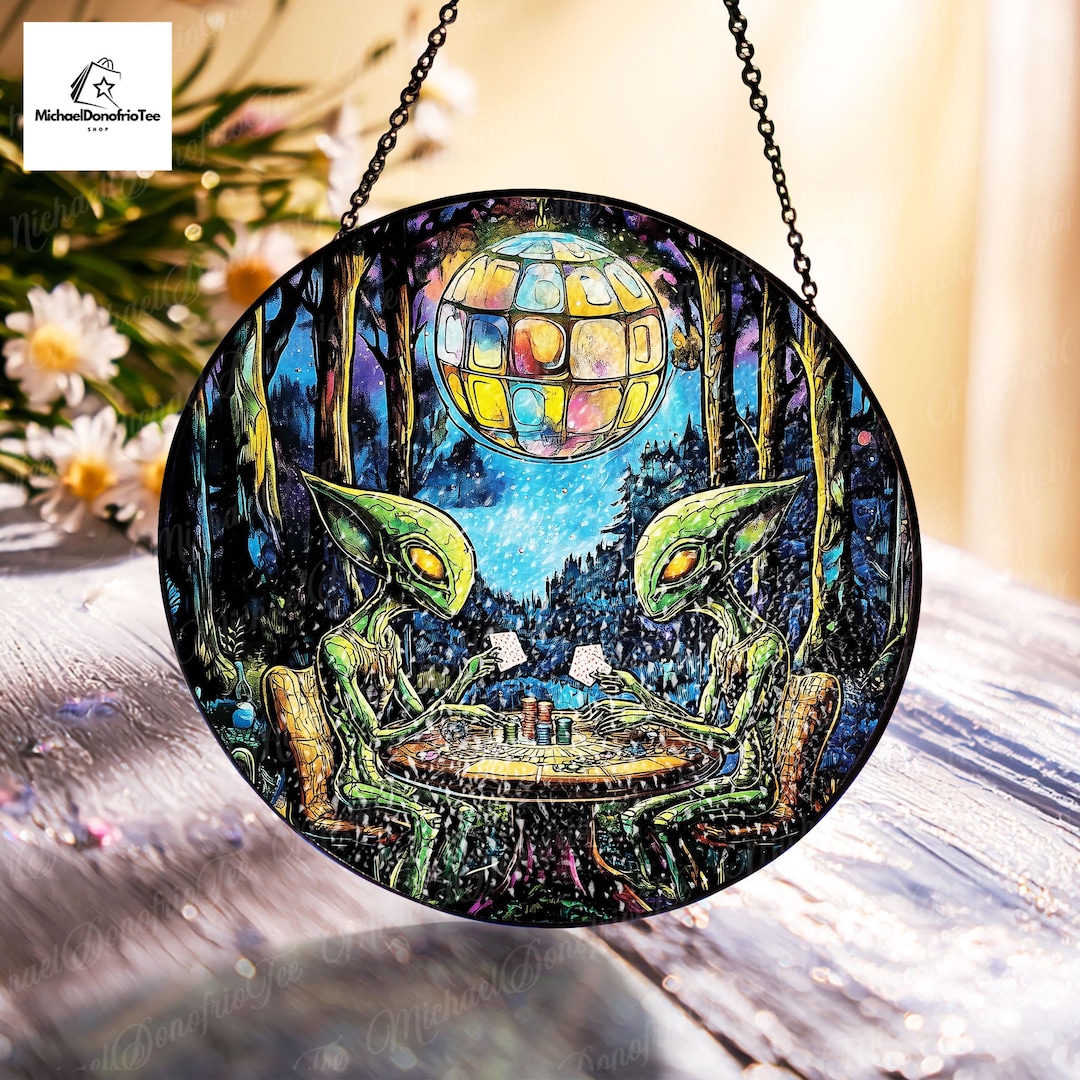 Alien Stained Glass SUNCATCHER, Galactic Poker Night Art Panel for Home ...