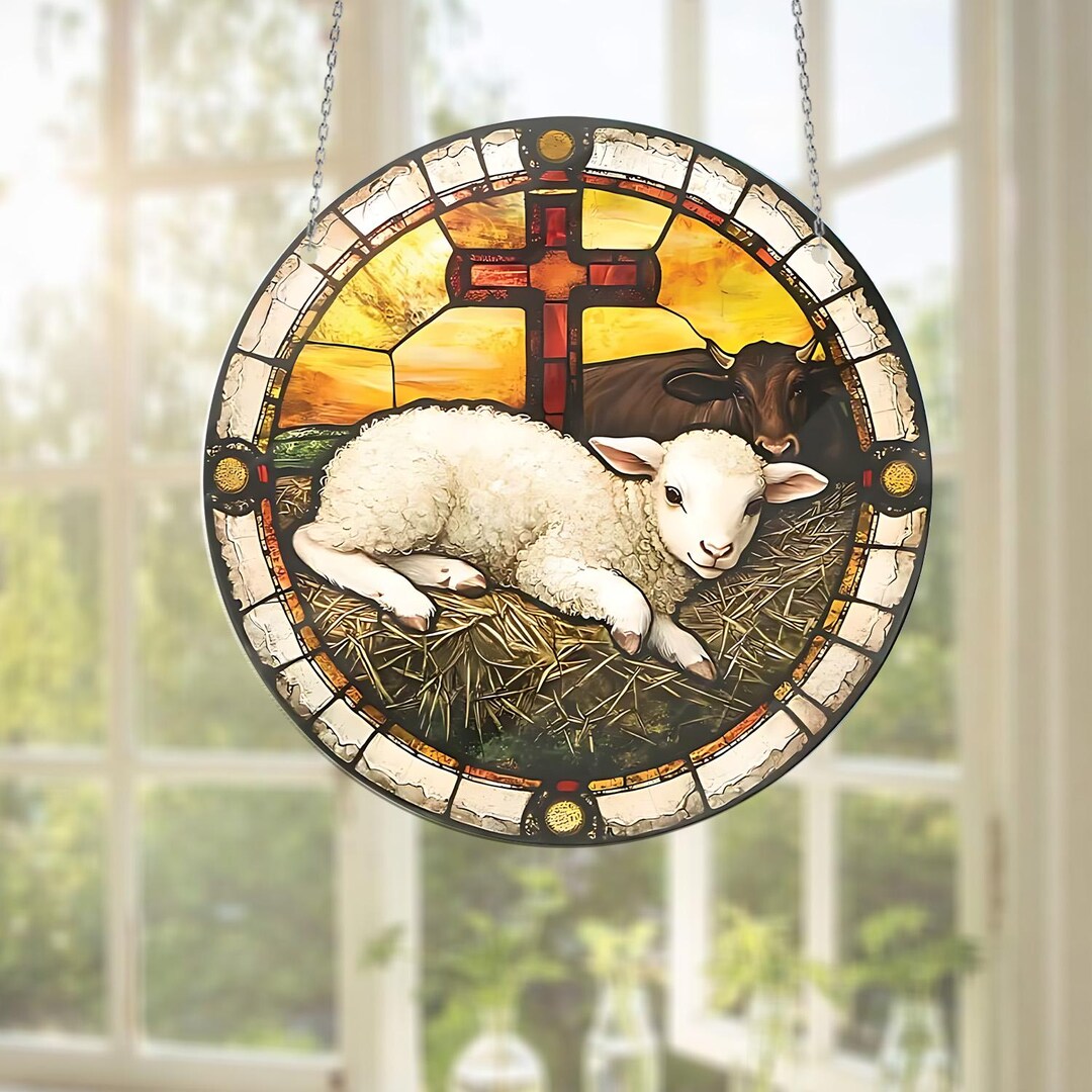 Lamb and Cross Window Hanging, Christian Window Decor, Window Hanging ...