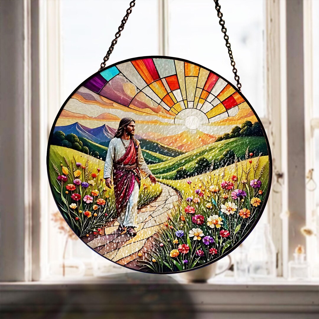 Jesus Stained Glass Suncatcher, Jesus Walking in the Garden, Religious ...