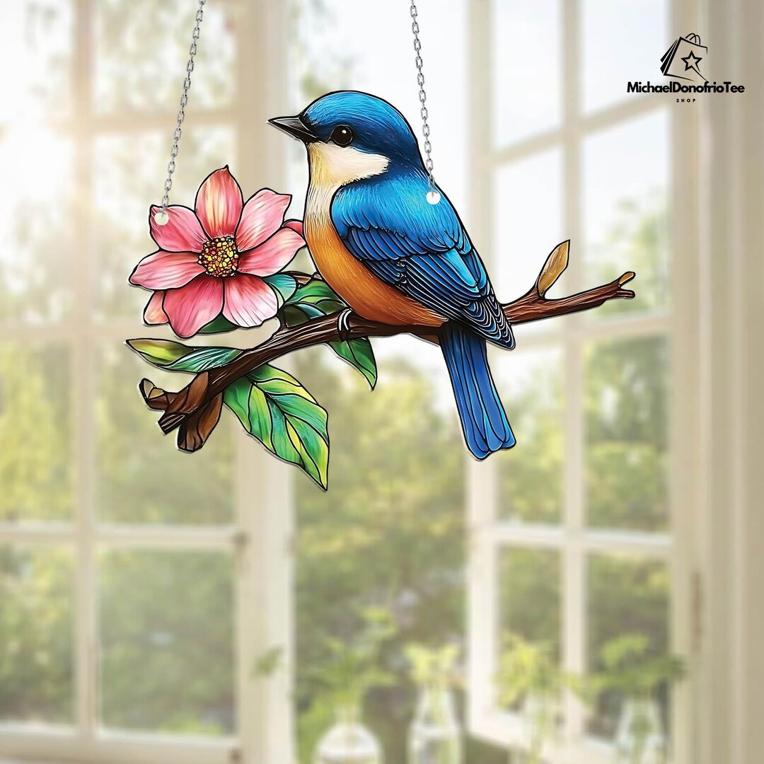 Eastern Bluebird Window Hanging Acrylic Decor | Floral Window Art ...
