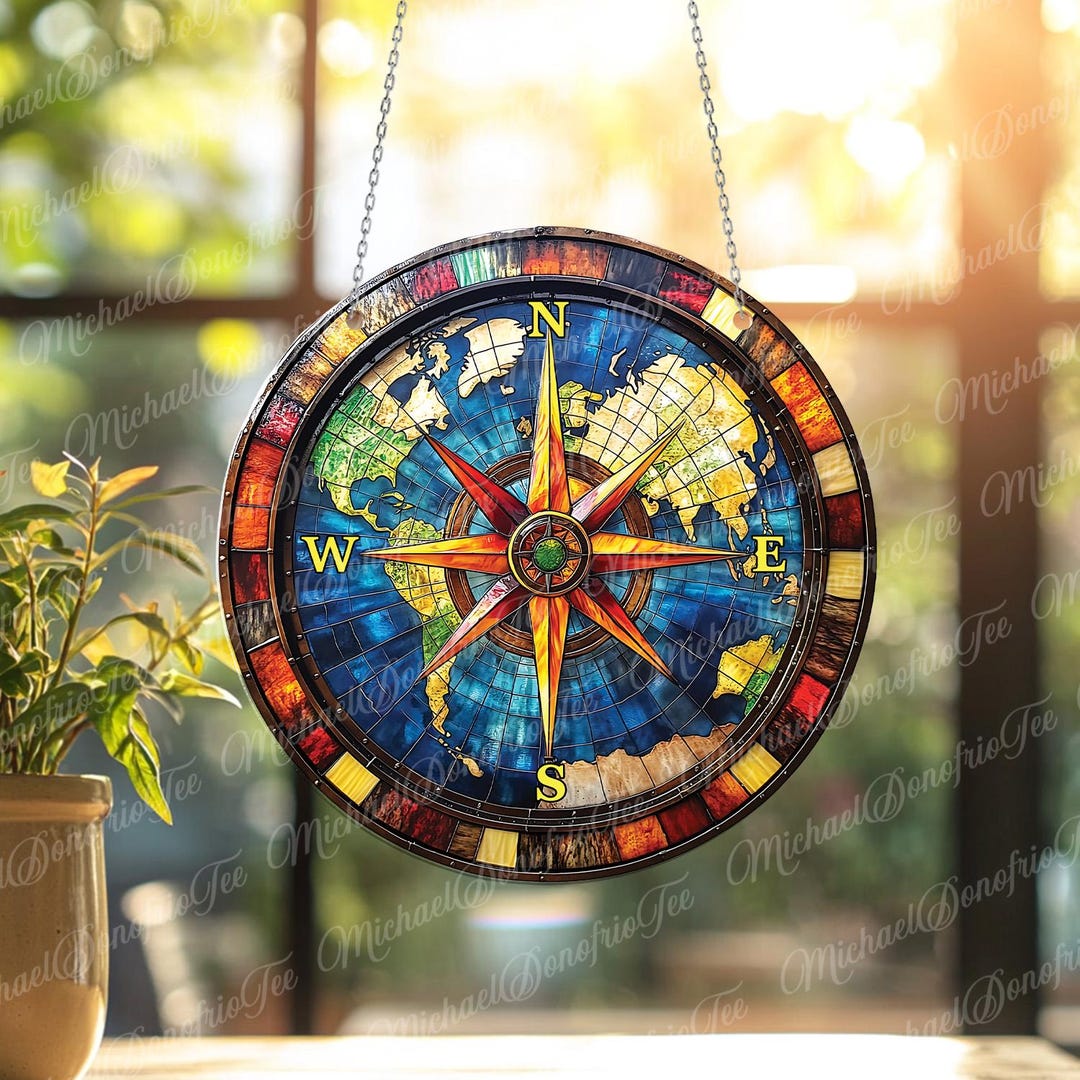World Map & Compass Window Hanging Acrylic Decor, Colorful Globe ...