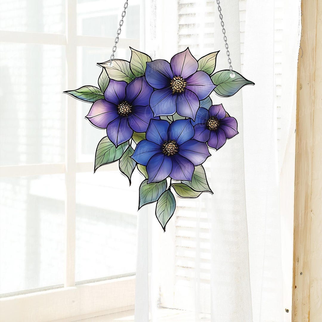 Purple Blue Clematis Flower Window Hanging Acrylic Floral Decor, Spring ...