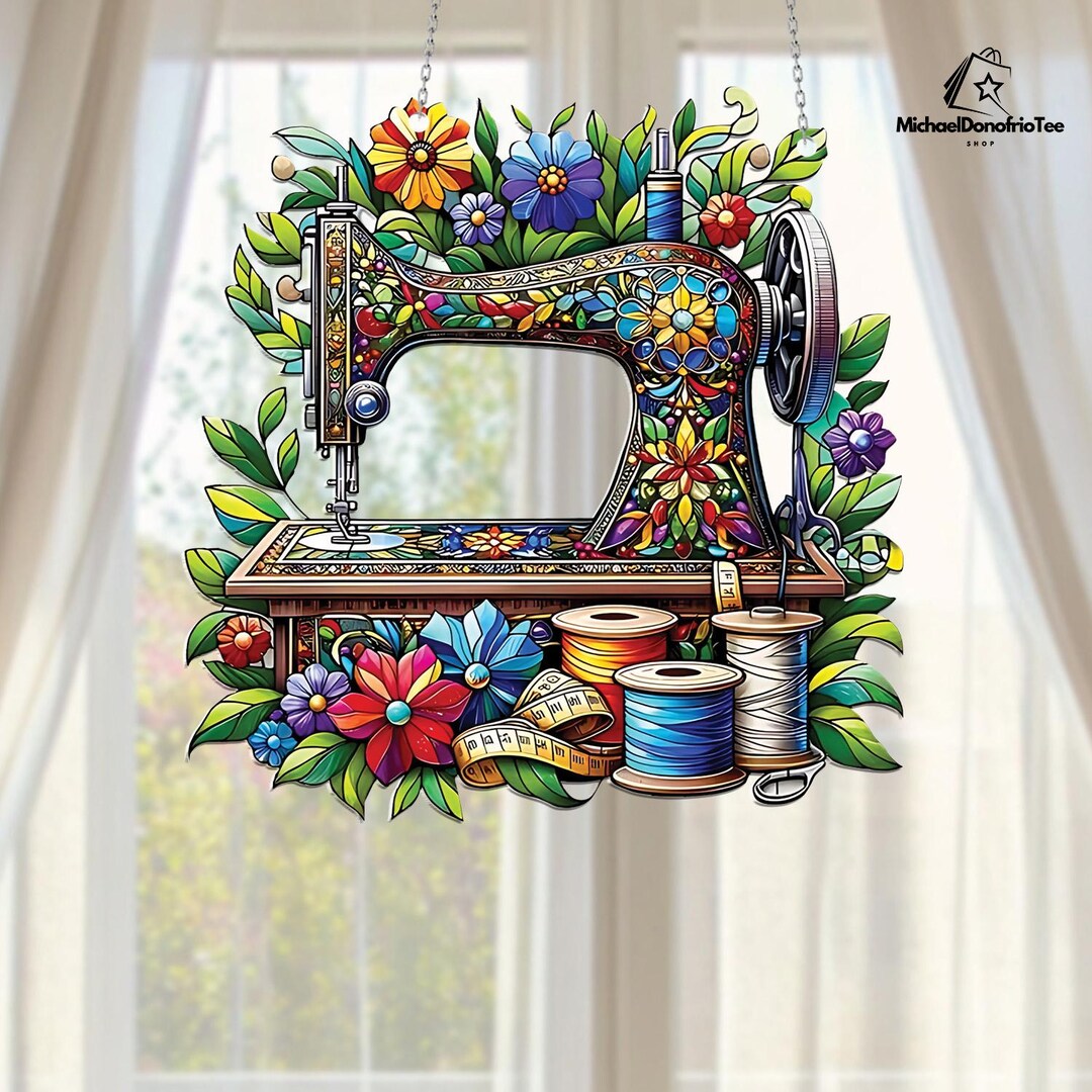 Acrylic Sewing Machine Window Hanging, Floral Stained Glass Art ...