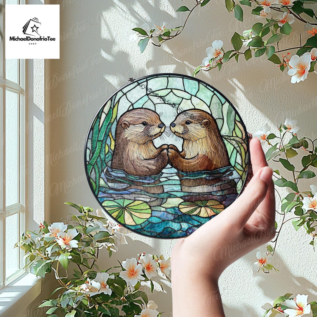 Two Otters Stained Glass SUNCATCHER, Otter Couple , Otter Lover Decor ...