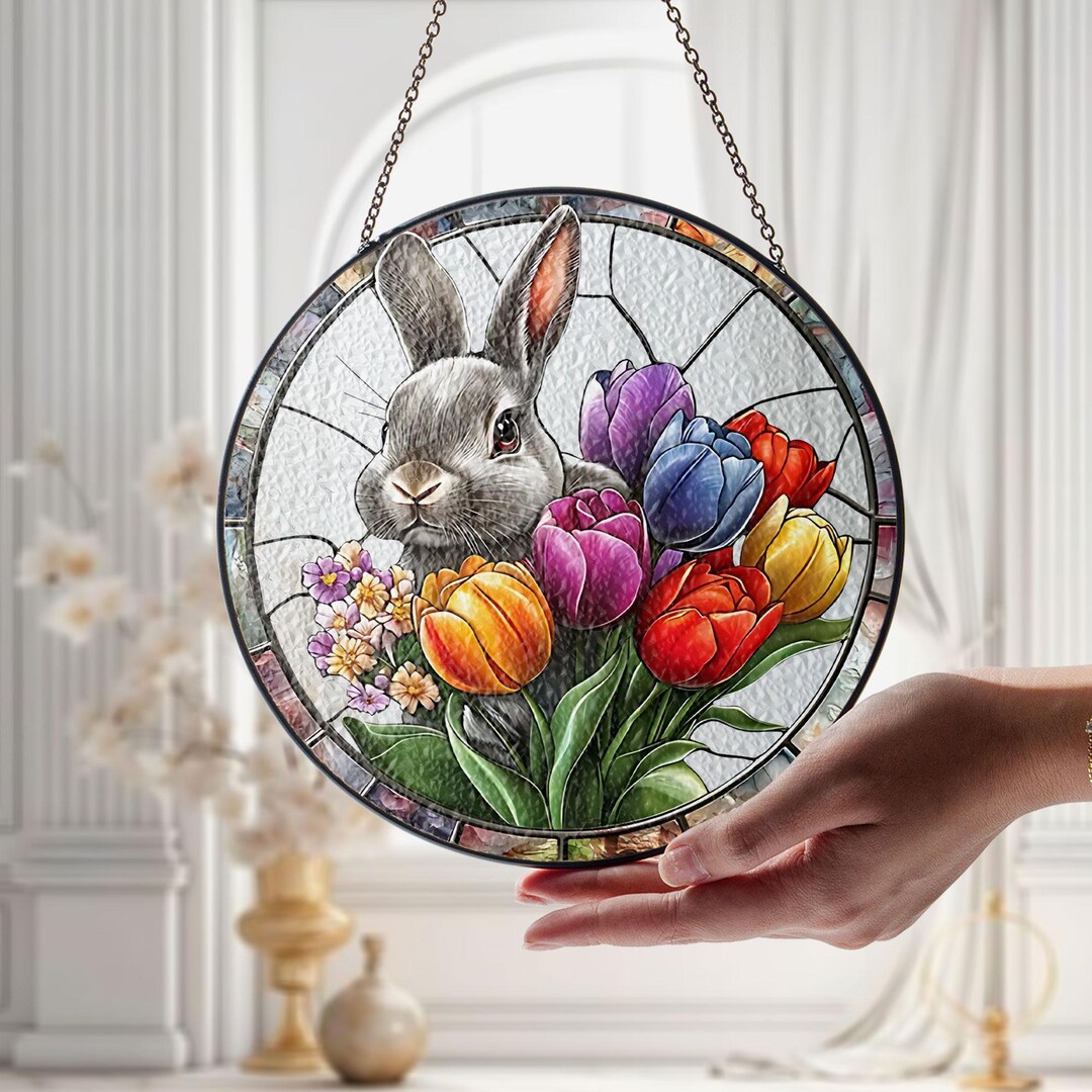 Bunny Stained Glass Suncatcher , Rabbit and Floral Suncatcher, Spring ...