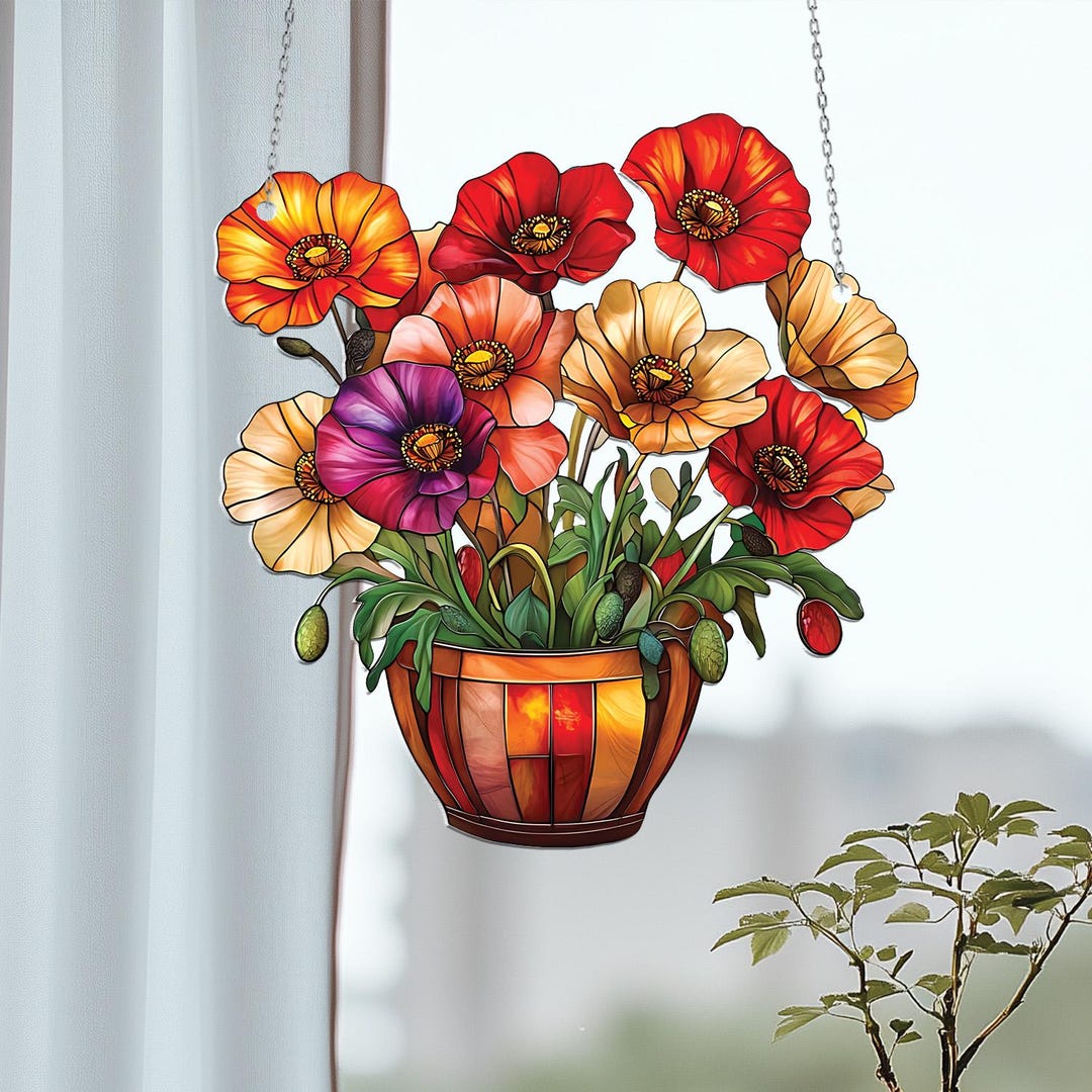 Poppy Flower Window Hanging Aryclic, Floral Sun Catcher, Home Decor ...