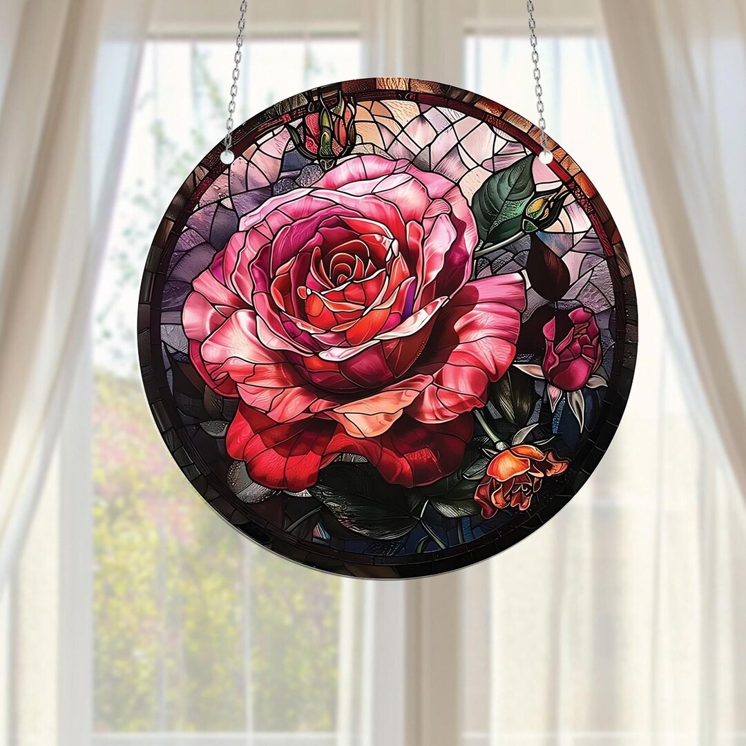 Red Rose Window Hanging Acrylic, Romantic Floral Sun Catcher, Window ...